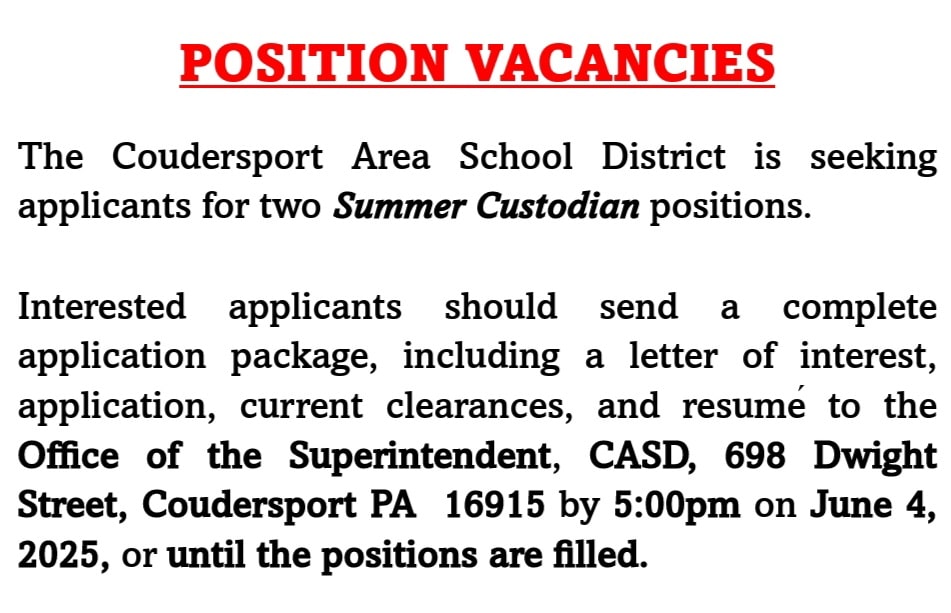 Coudersport Area School District Is Hiring Summer Custodians – Solomon's Words for the Wise