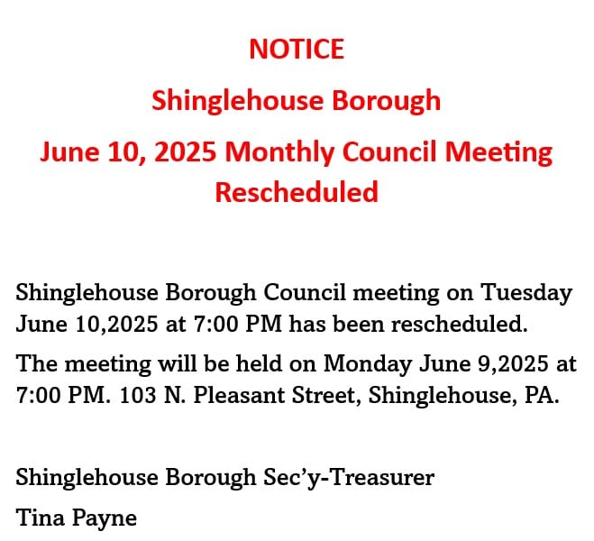 SHinglehouse Borough Monthly Meeting Has Been Rescheduled – Solomon's ...
