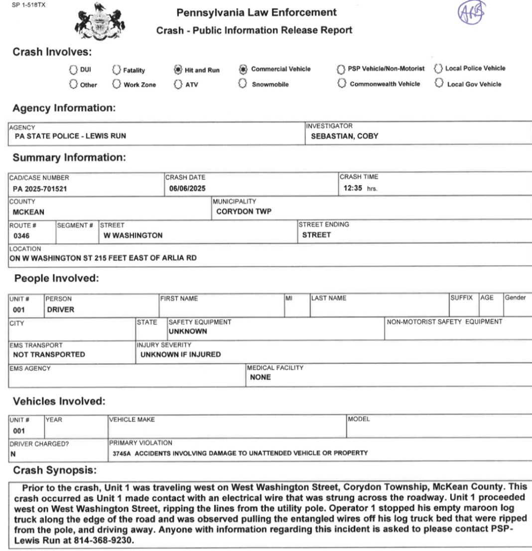 Lewis Run PSP Seeking Information For Hit And Run Crash On W ...