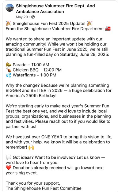 Shinglehouse Volunteer Fire Dept. Fun Fest, June 28th – Solomon's Words ...