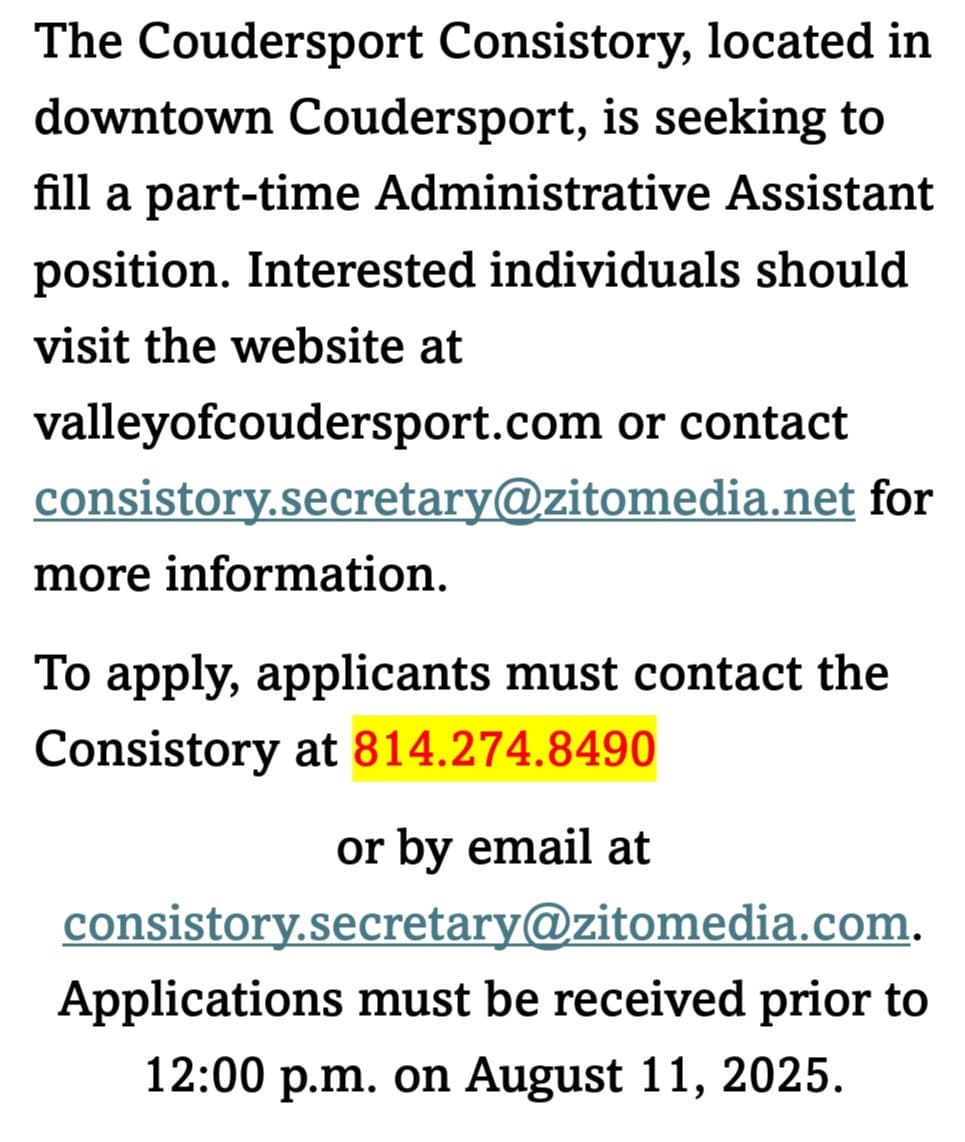 The Coudersport Consistory Is Seeking An Administrative Assistant – Solomon's Words for the Wise