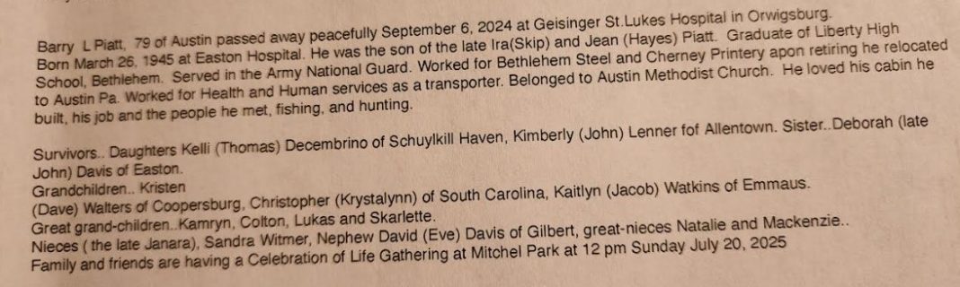 Barry L. Piatt, 79, Of Austin, PA – Solomon's Words for the Wise