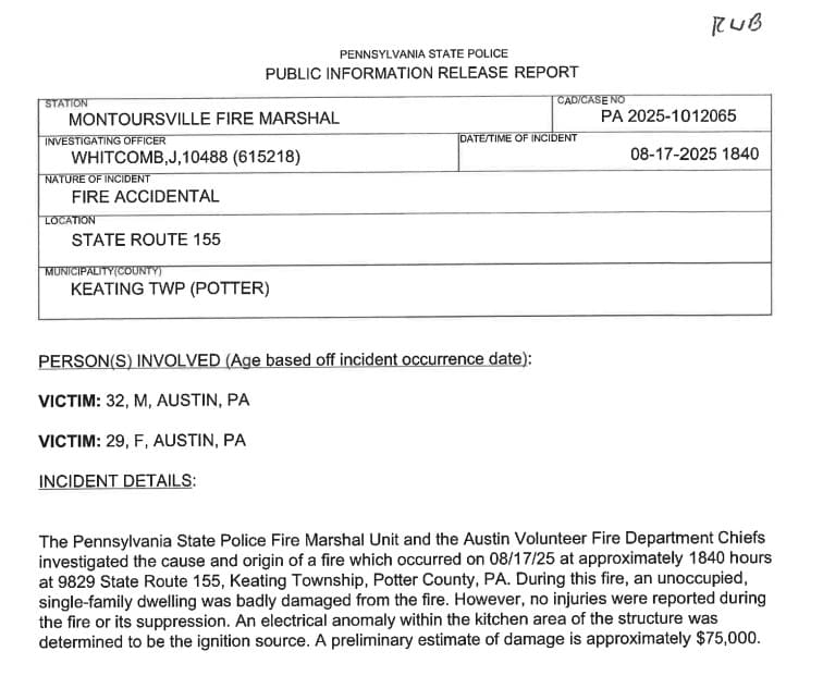 Fire Ruled Accidental In Keating Twp. – Solomon's Words for the Wise