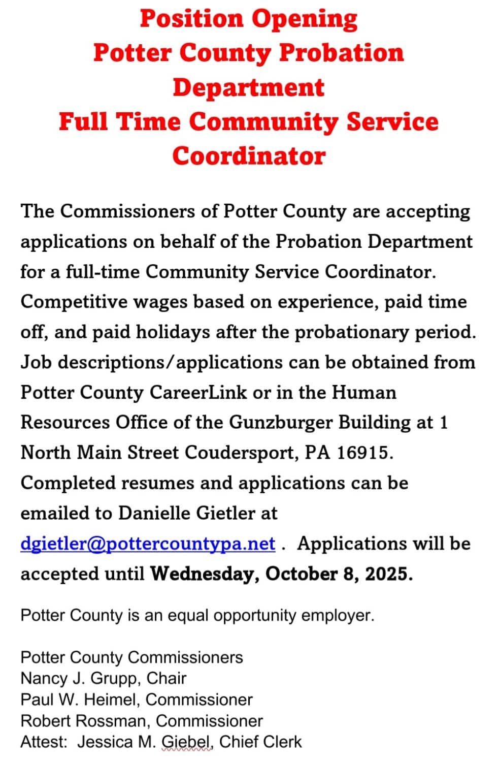 Potter County Probation Seeking Full-Time Community Service Coordinator ...