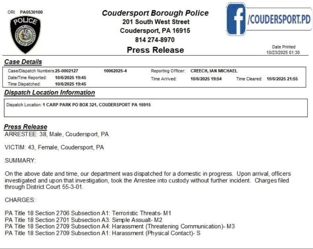 Terroristic Threats Arrest In Coudersport – Solomon's Words for the Wise