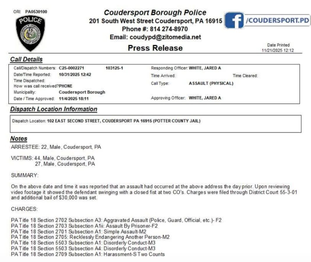 Assault Arrest At The Coudersport Jail – Solomon's Words for the Wise