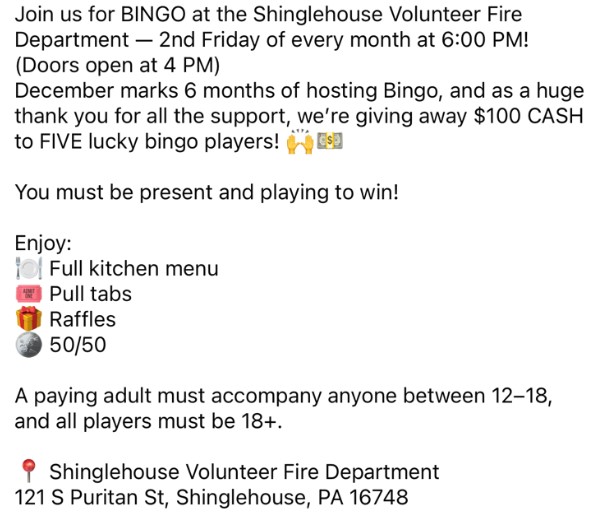 BINGO At Shinglehouse Volunteer Fire Department – Solomon's Words for ...