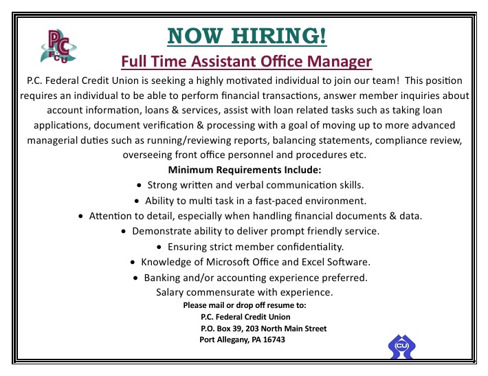 Now Hiring, Full Time Assistant Office Manager, P.C. Federal Credit ...