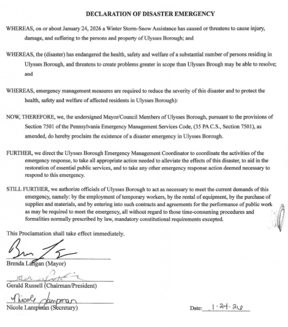 Ulysses Borough Disaster Declaration – Solomon's Words for the Wise