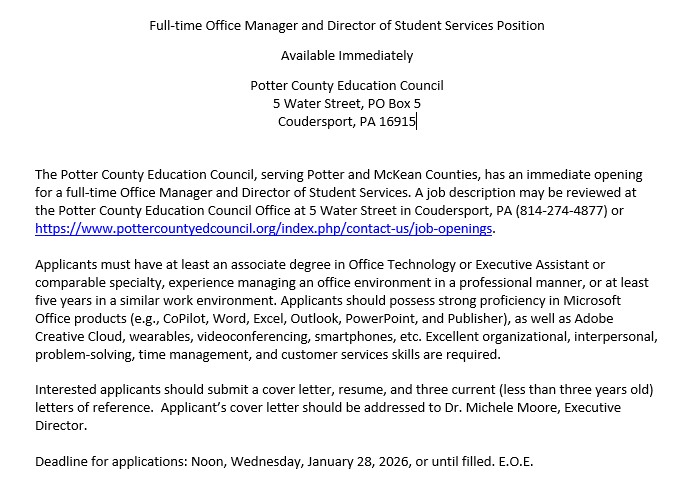 Immediate Opening At Potter County Education Council – Solomon's Words ...