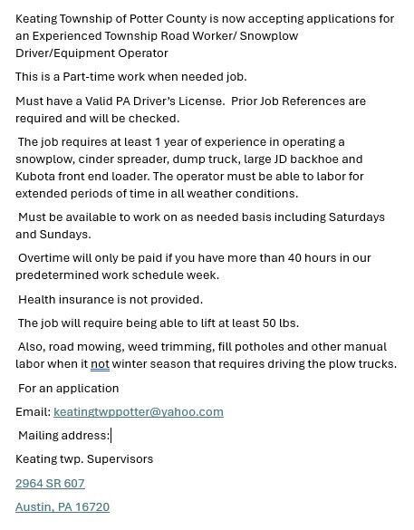 KEATING TOWNSHIP OF POTTER COUNTY ACCEPTING APPLICATIONS – Solomon's ...