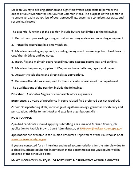 McKEAN COUNTY IS SEEKING A COURT MONITOR – Solomon's Words for the Wise