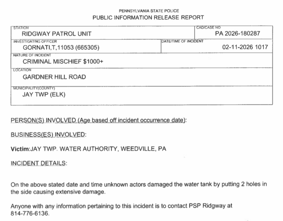 Ridgway PSP Seeking Information For Criminal Mischief In Jay Twp ...