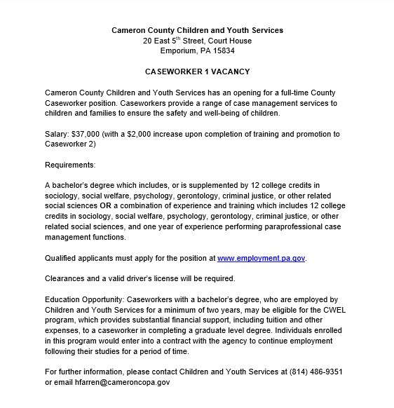 CAMERON COUNTY CHILDREN AND YOUTH SERVICES HAS A VACANCY FOR A ...